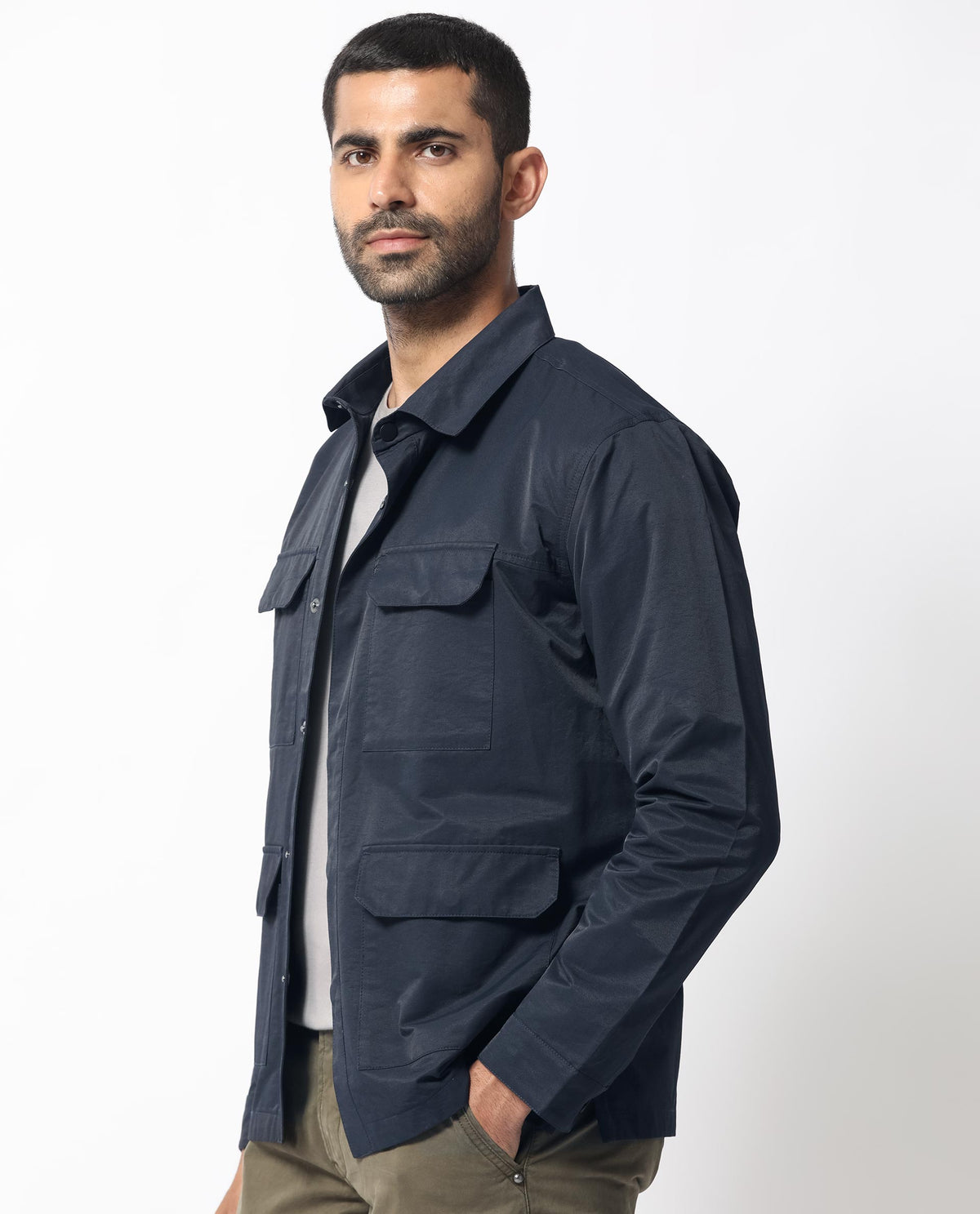 Rare Rabbit Men's Feliu Navy Plain Multi Pocket Utility Jacket