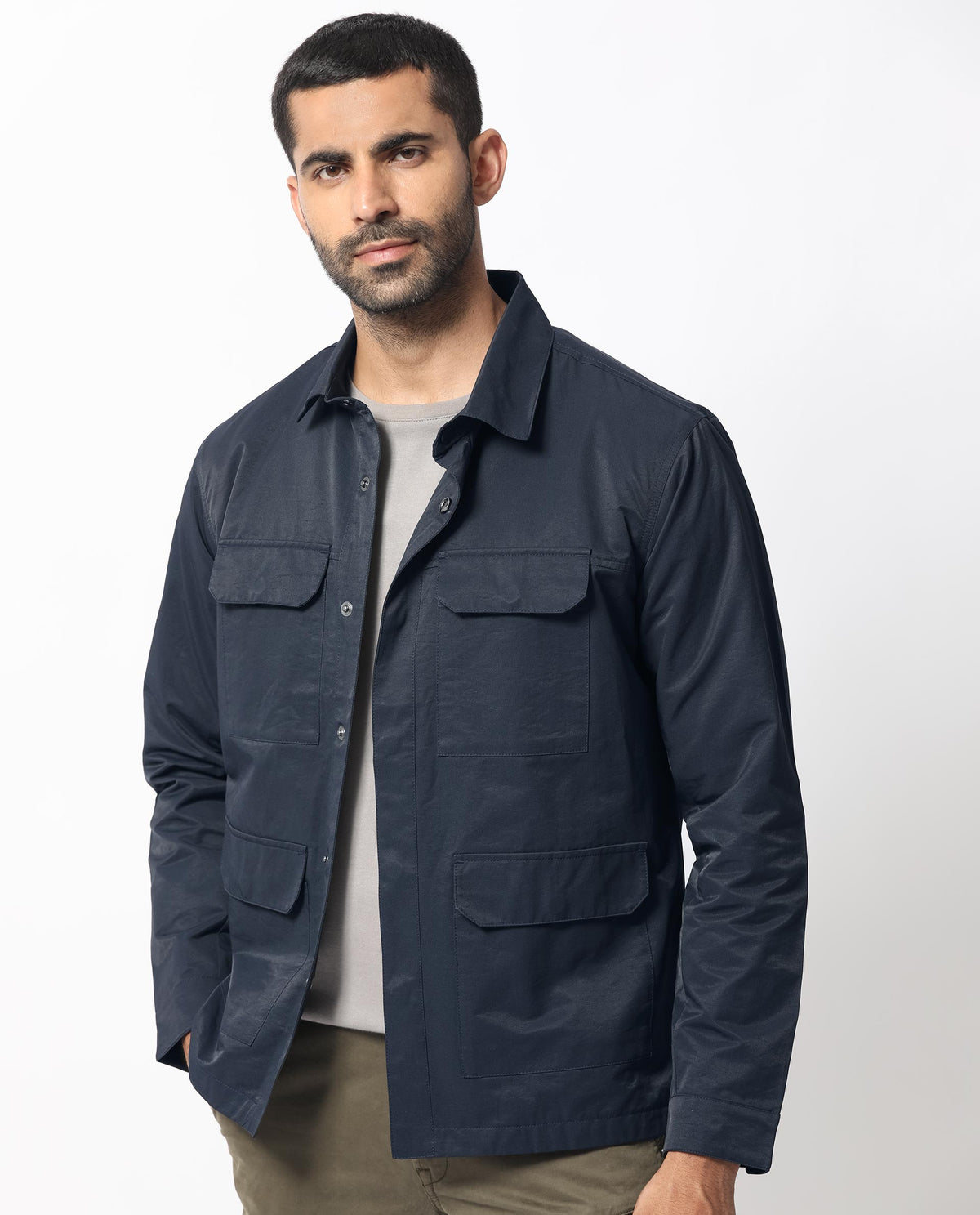 Rare Rabbit Men's Feliu Navy Plain Multi Pocket Utility Jacket