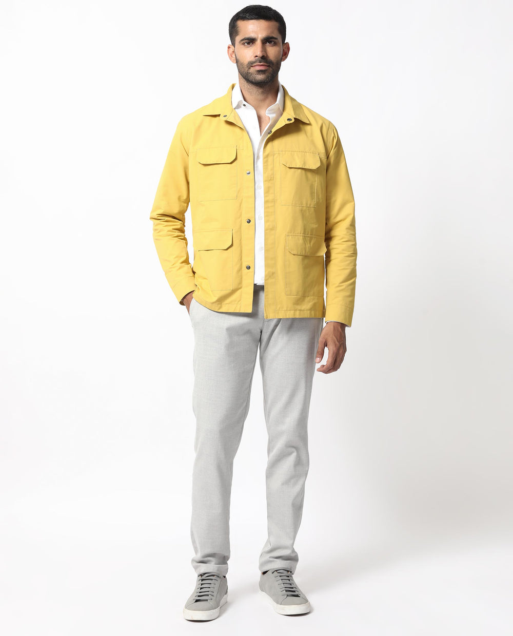 Rare Rabbit Men's Feliu Yellow Plain Multi Pocket Utility Jacket
