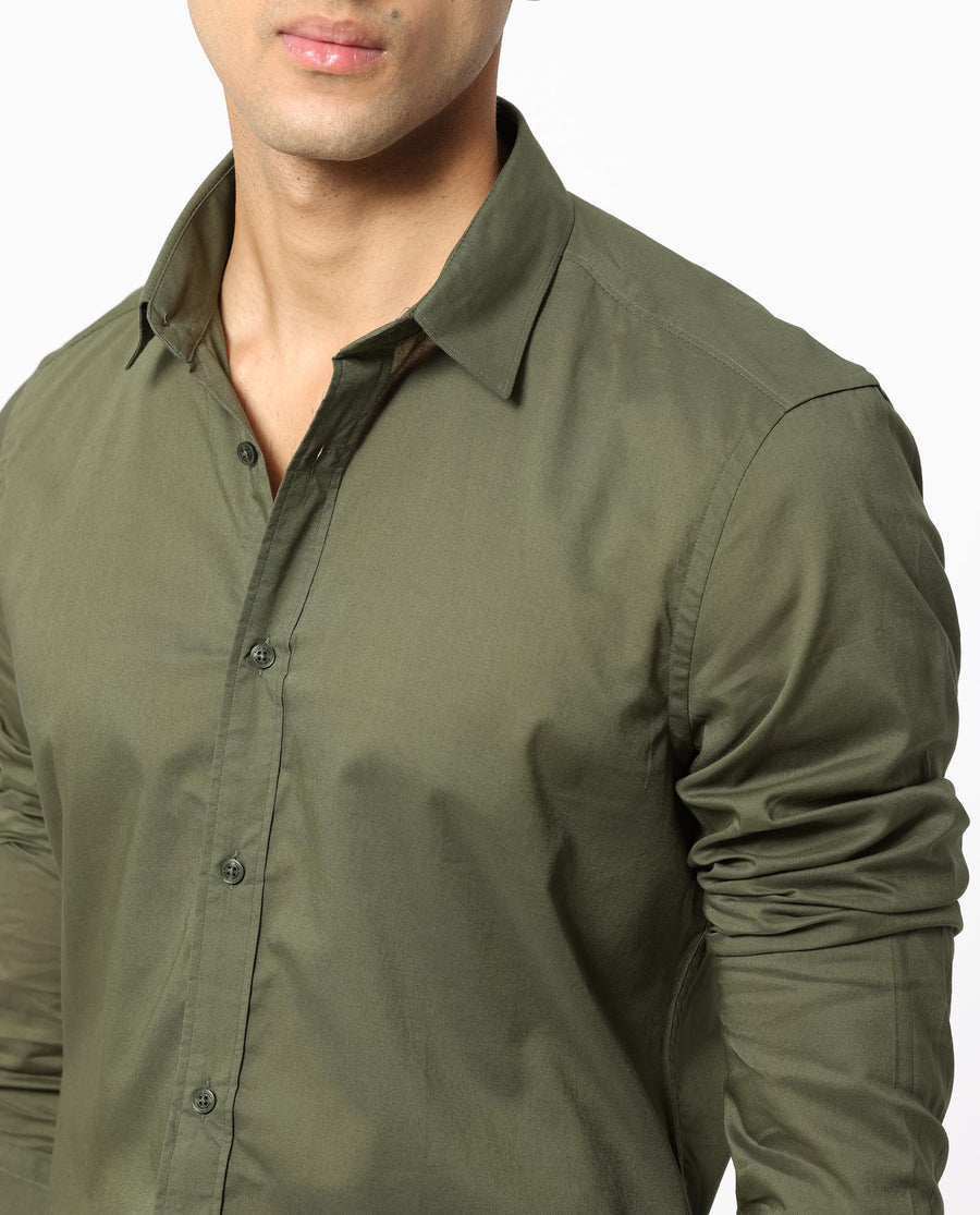 Rare Rabbit Men's Flees Olive Cotton Fabric Full Sleeves Solid Shirt