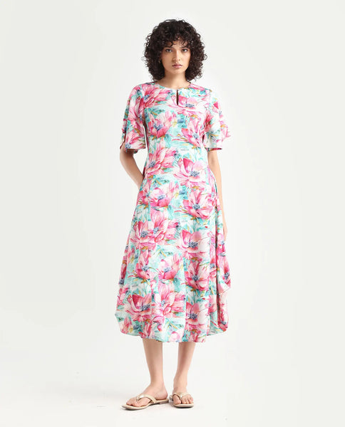 Buy Flonki - Pastel Green Floral Print Midi Dress| Rareism
