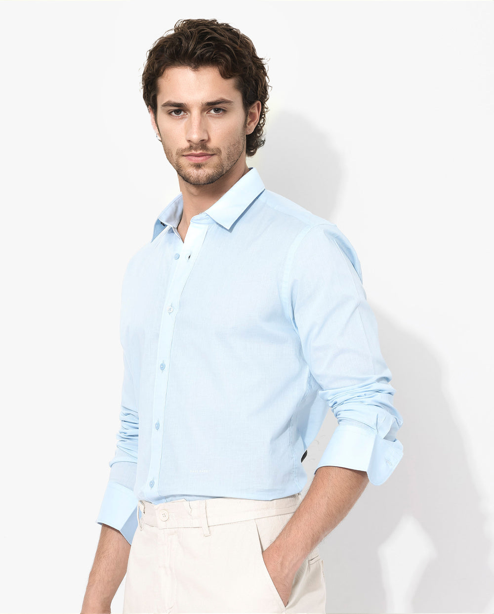 Rare Rabbit Men's Fullsleen Pastel Blue Cotton Fabric Full Sleeves Col