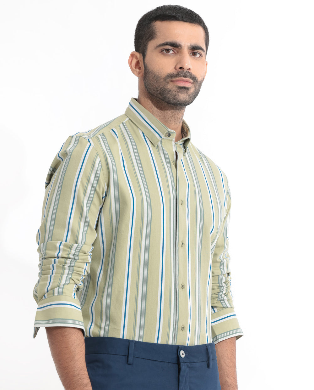 Rare Rabbit Men's Fushion Dusky Green Cotton Fabric Full Sleeves Strip