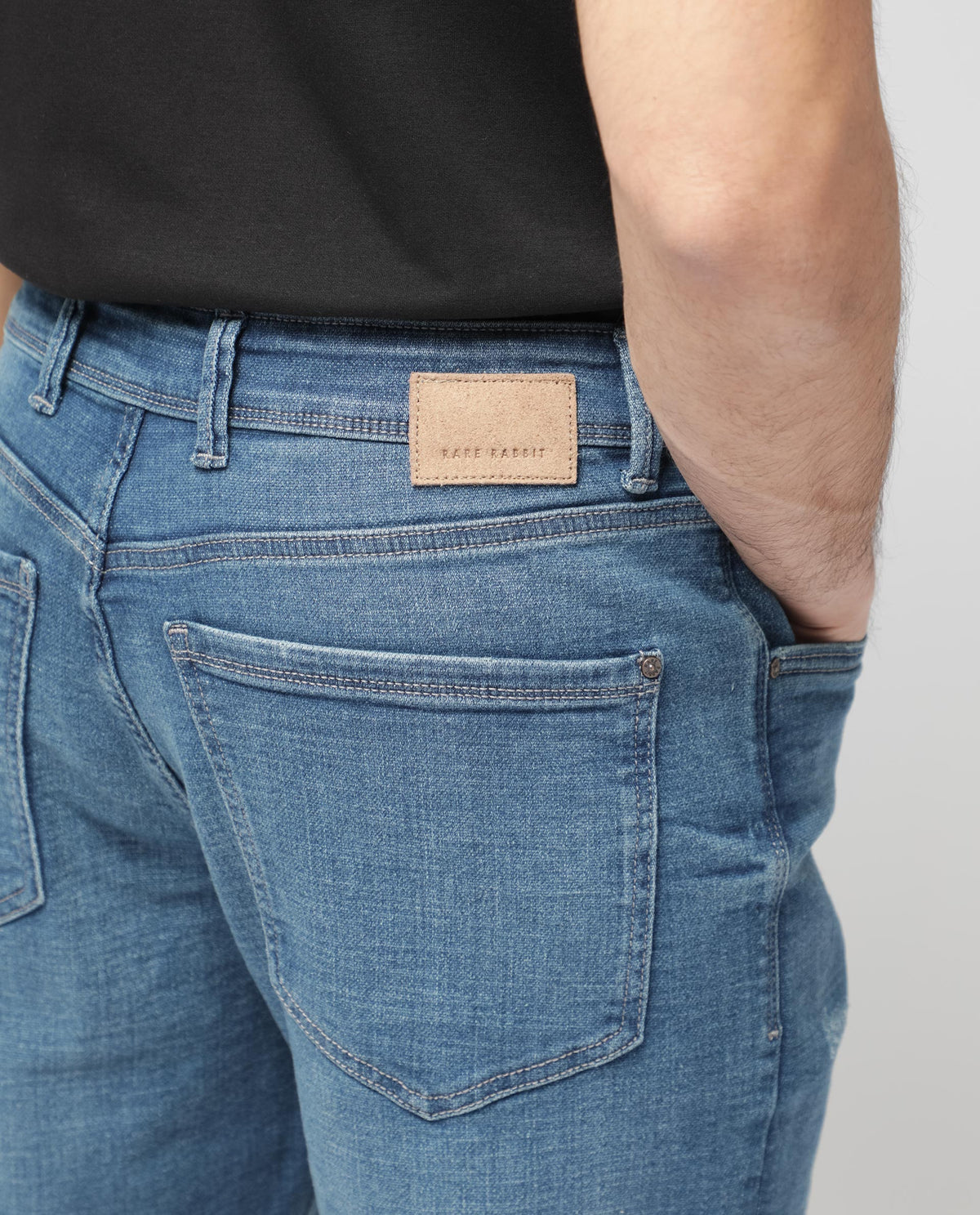 Rare Rabbit Mens Gala Blue Cotton Polyester Solid Regular Fit Jeans