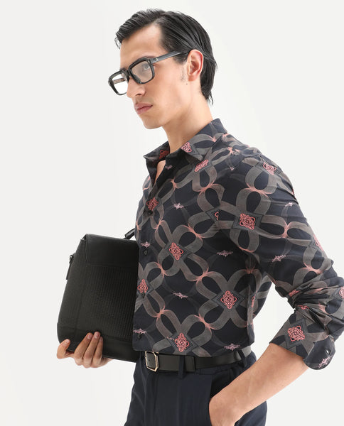 Rare Rabbit Men's Gash Primary Black Viscose Fabric Full Sleeve Spread