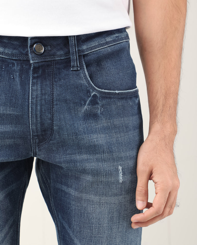 Rare Rabbit Men's Grimm Blue Mid Wash Mid-Rise Mild Distressed Slim Fi