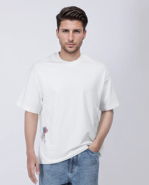 Rare Rabbit Men's Halen Off White Cotton Graphic Print Oversized Fit H