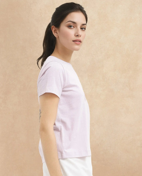 Rareism Women Hanna Pastel Pink Cotton Poly Fabric Short Sleeve Crew N