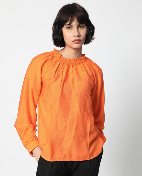 Rareism Women's Harof Dark Orange Polyester Blend Balloon Sleeve High
