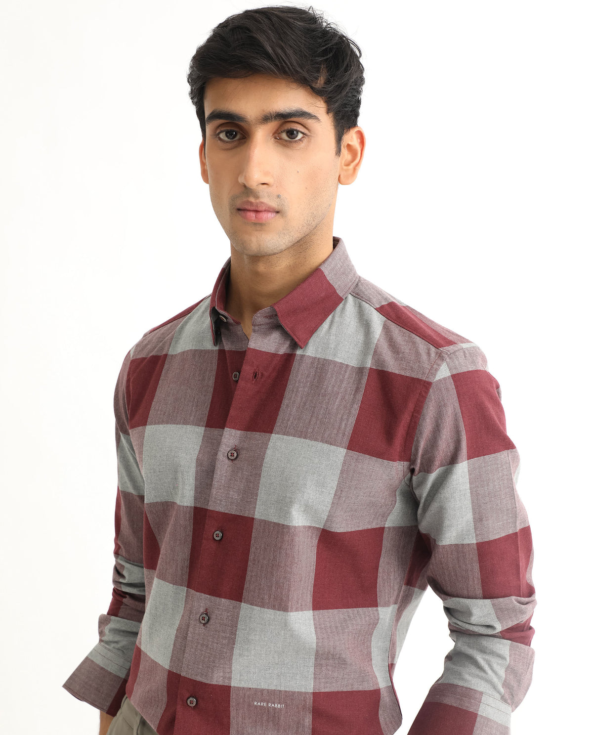 Rare Rabbit Men's Harter Maroon Cotton Fabric Full Sleeves Checks Shir