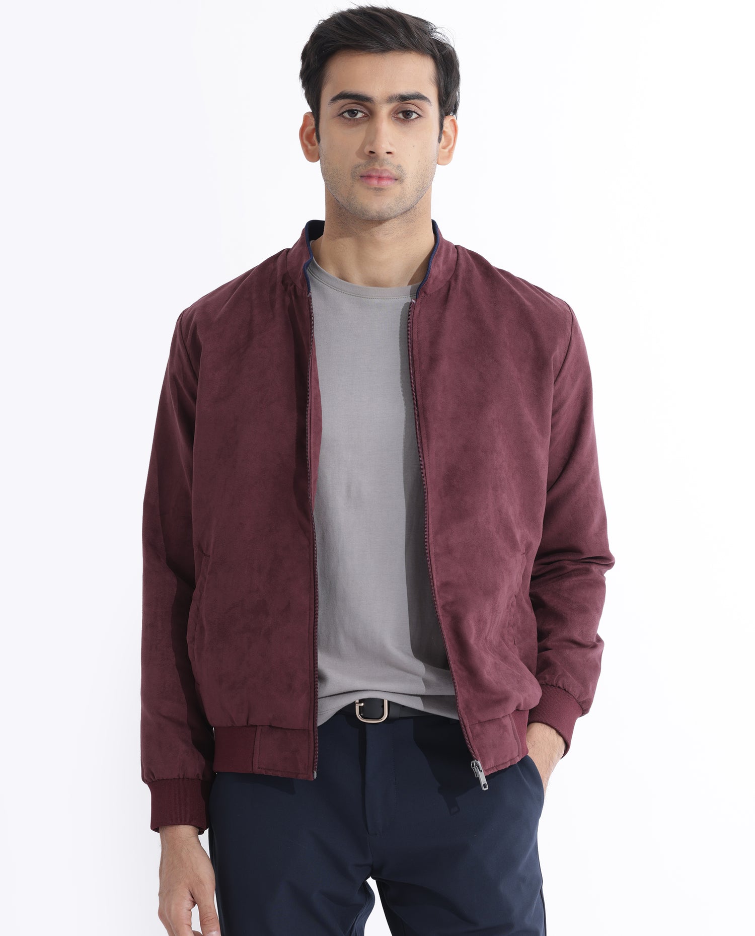Rare Rabbit Men's Henron Dark Red Plain Suede Bomber Jacket