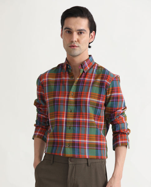 Rare Rabbit Men's Herick Multi Cotton Checked Print Regular Fit Full S