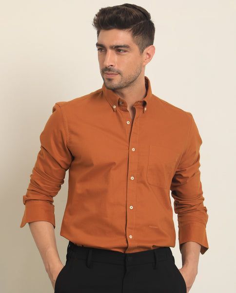 Rare Rabbit Men's Auxfo Rust Cotton Fabric Full Sleeves Solid Shirt