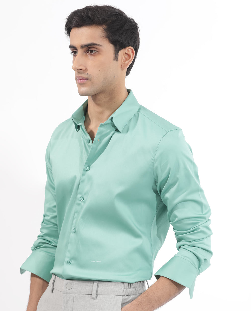 Rare Rabbit Men's Holand Pastel Green Satin Fabric Full Sleeves Solid