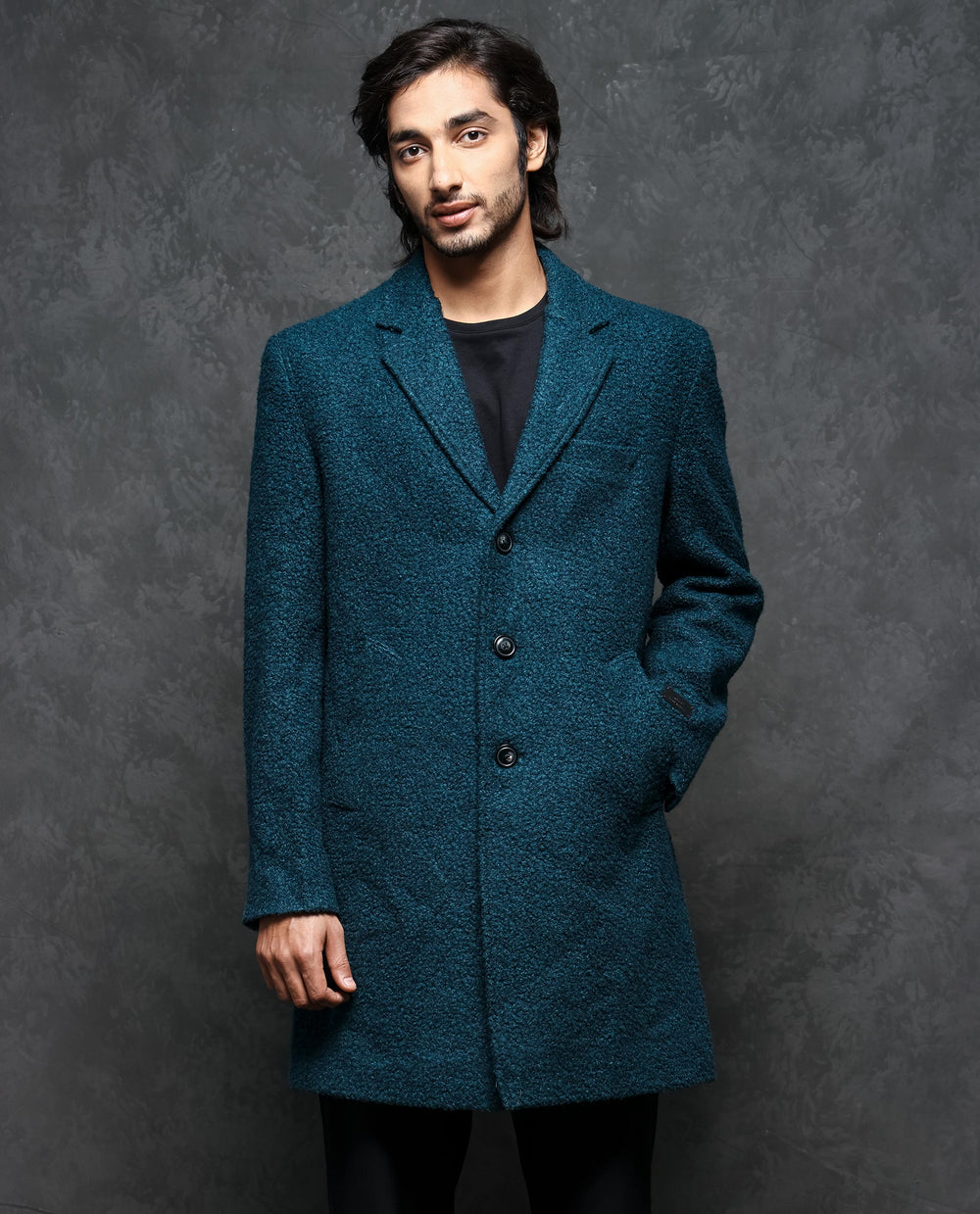 Rare Rabbit Men's Hong Green Textured Notch Lapel Long Coat