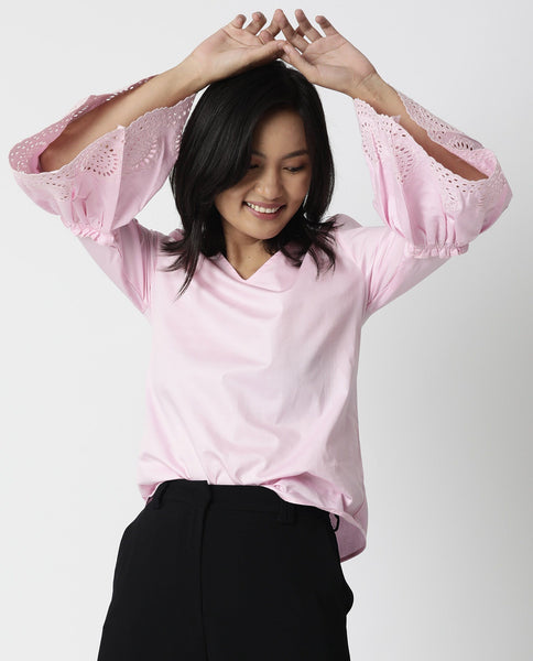 Buy Lord - Pink Schiffili Sleeve Boxy Top| Rareism