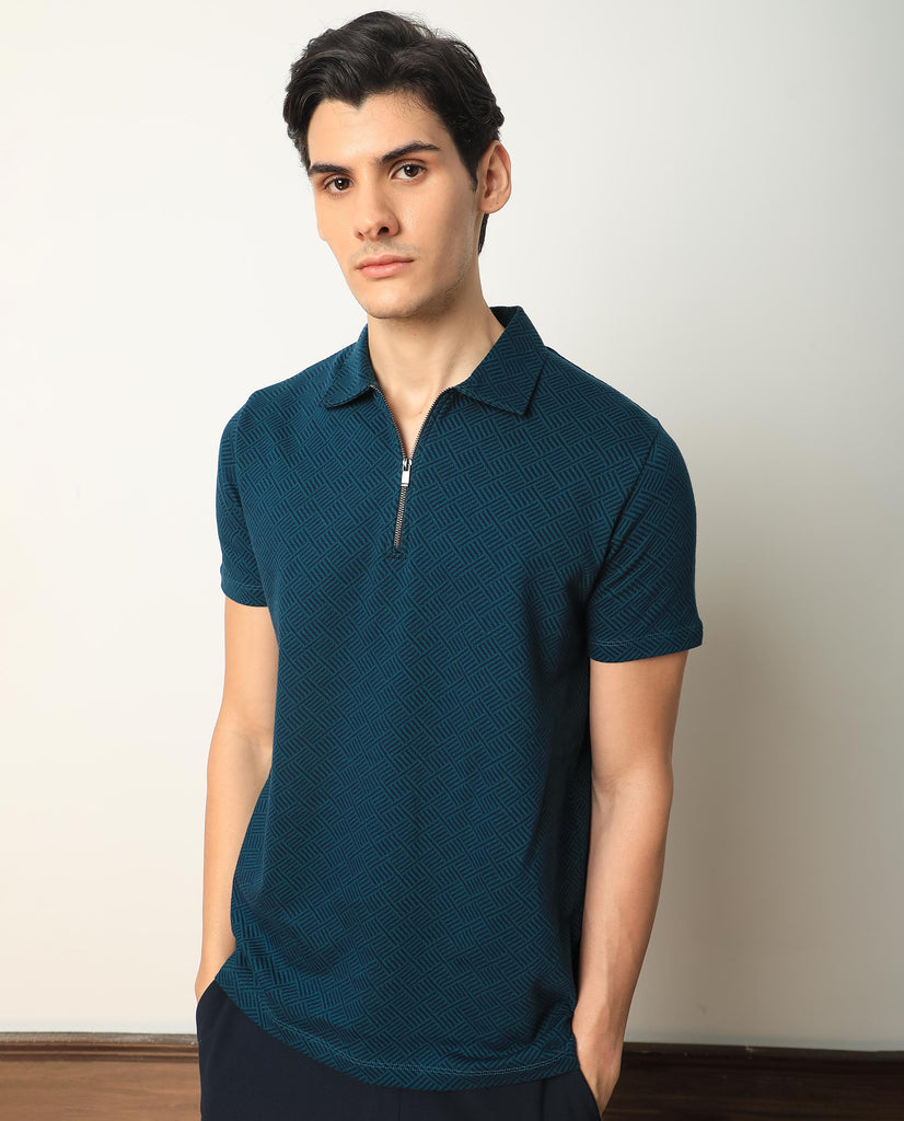 Rare Rabbit Men's Cabetta Navy Cotton Fabric Collared Neck Zipper Clos