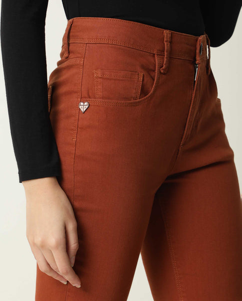 Rareism Women'S Metty Rust Cotton Lycra Fabric Mid Rise Solid Slim Fit