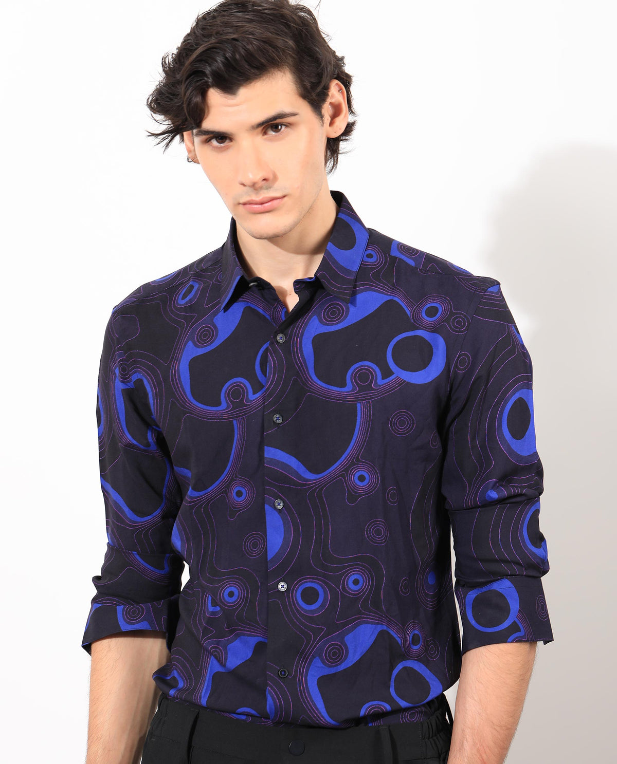 RARE RABBIT MEN'S INLET NAVY SHIRT VISCOSE FABRIC FULL SLEEVES SLIM FI