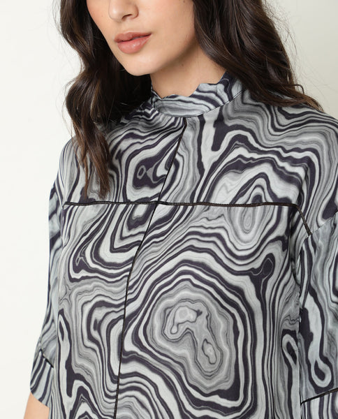 Rareism Women Favor Black Abstract Print High Neck Half Sleeves Mini D