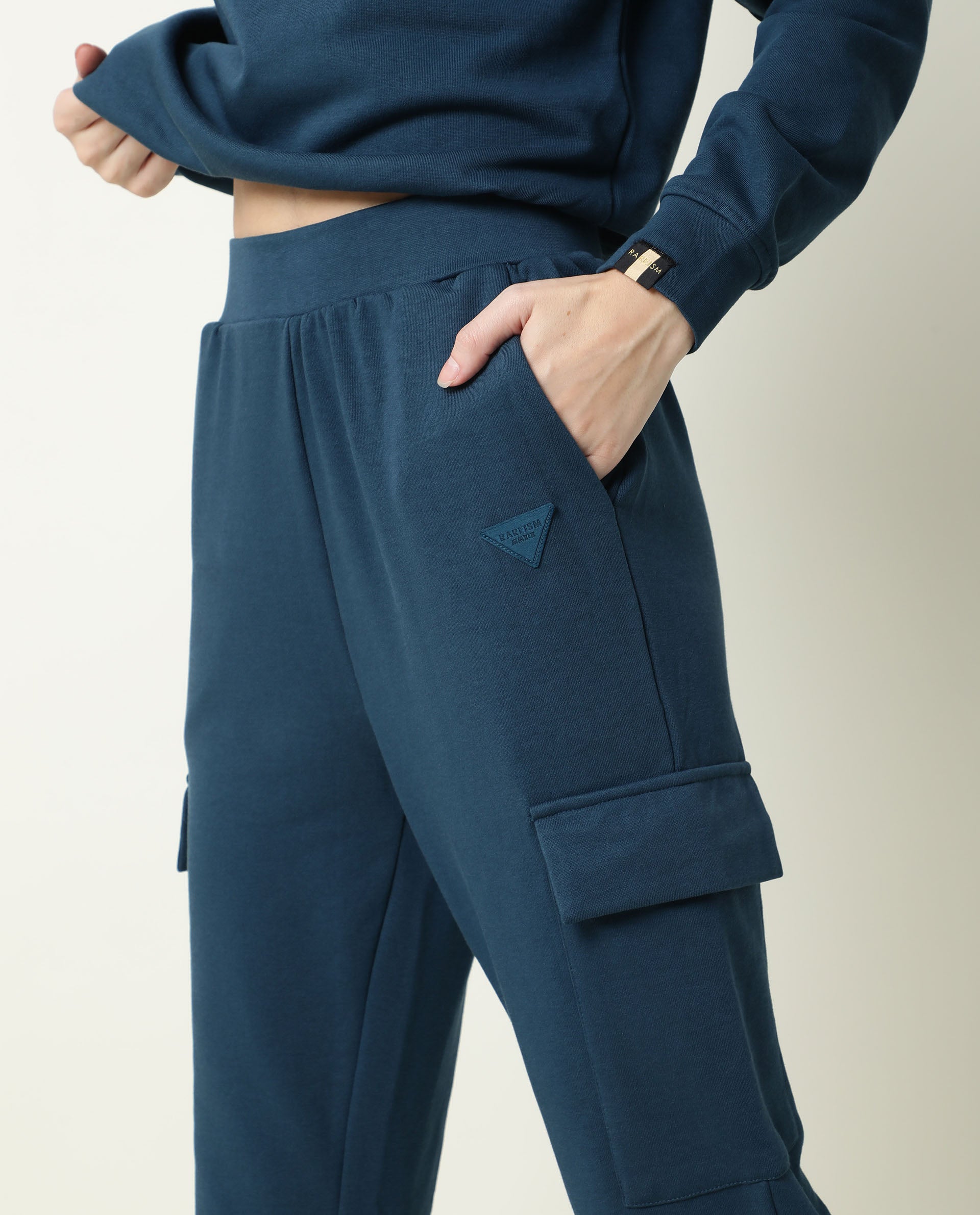 Rareism Women's Nush-1 Petrol Polyester Blend Plain Ankle Length Regul