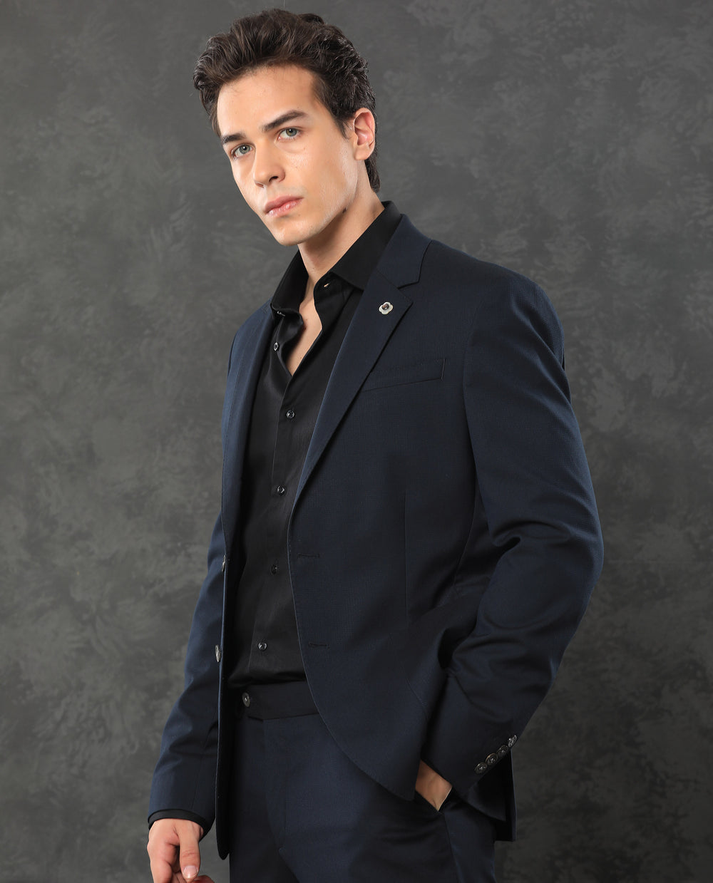 Rare Rabbit Men's Zanza Navy Polyester Viscose Fabric Notch Lapel Butt