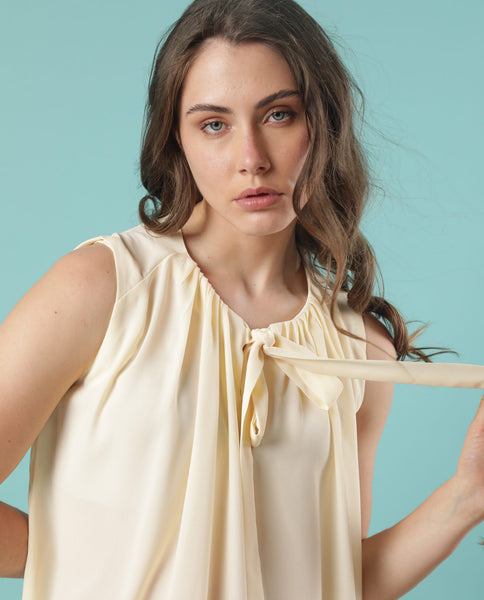 Rareism Women's Beverly Beige Polyester Fabric Tie-Up Neck Sleeveless ...