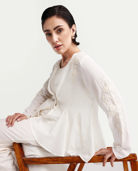 Rareism Women's Janket Off White Viscose Collarless Embroidered Regula