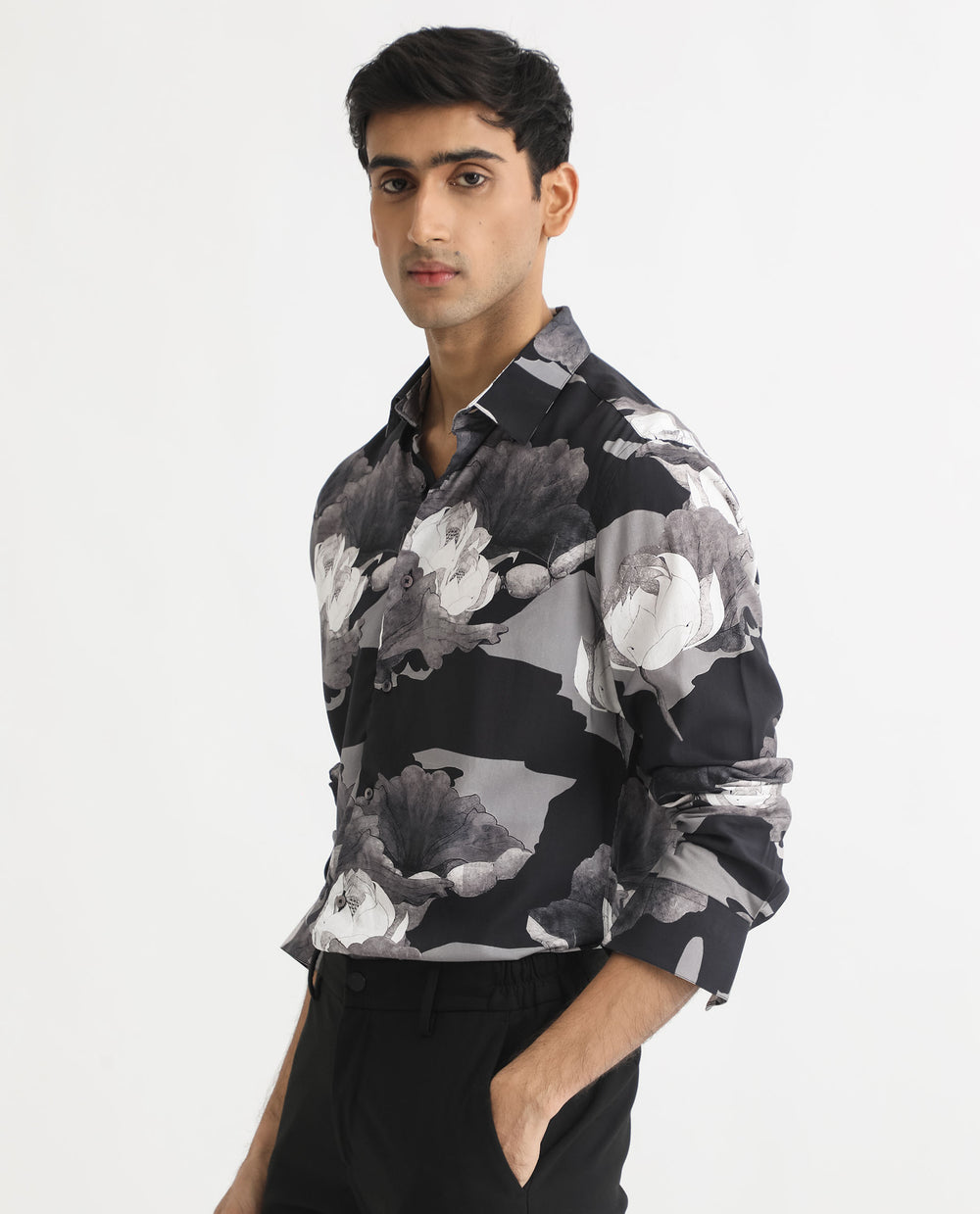 Rare Rabbit Men's Japo Grey Viscose Fabric Full Sleeves Floral Print S