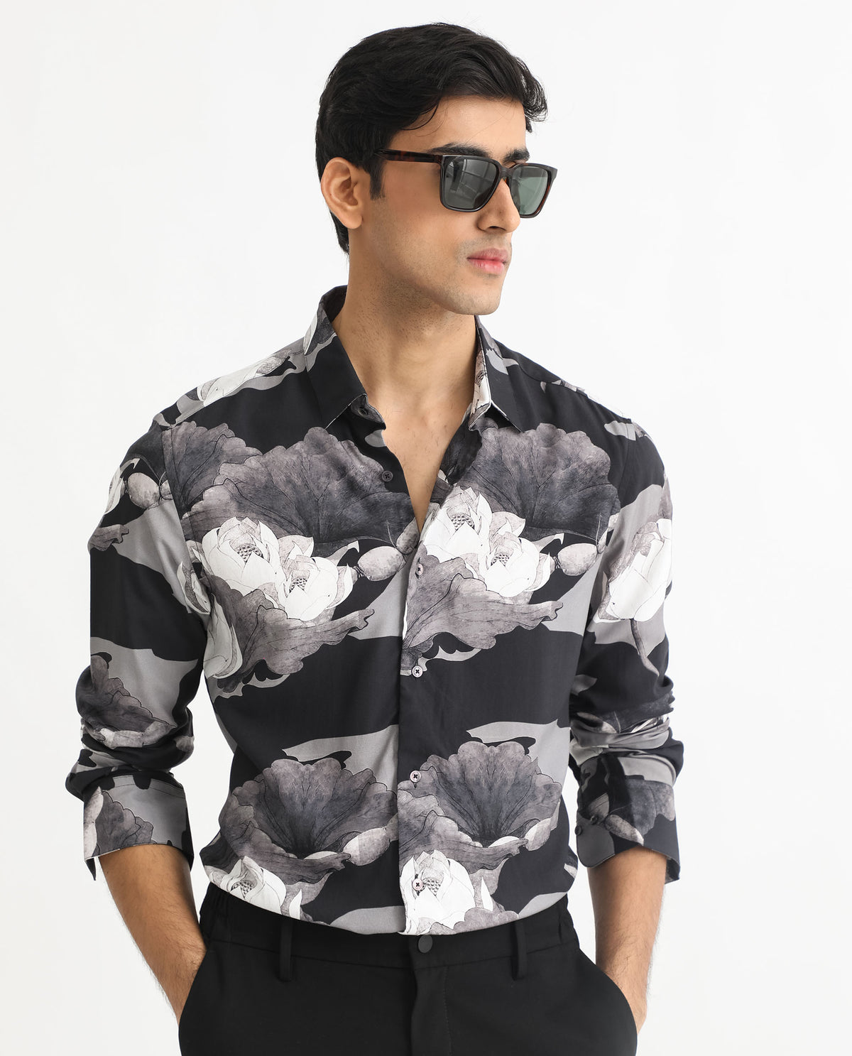 Rare Rabbit Men's Japo Grey Viscose Fabric Full Sleeves Floral Print S