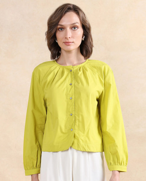 Rareism Women's Jaylo Green Cotton Crew Neck Plain Cuffed Sleeve Regul