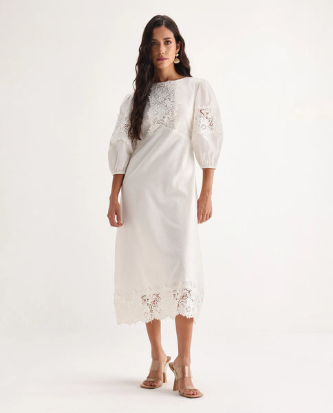 Rareism Women's Jex Off White Cotton Blend Round Neck A-Line Plain Mid