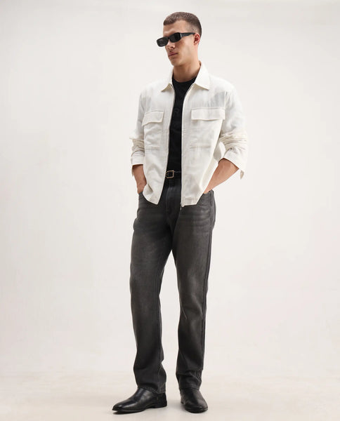 Rare Rabbit Men's Jomo-T White Linen Blend Plain Relaxed Fit Full Slee