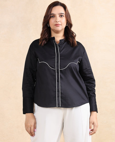 Rareism Women Jujo Dusky Black Cotton Satin Fabric Cuffed Sleeve Manda