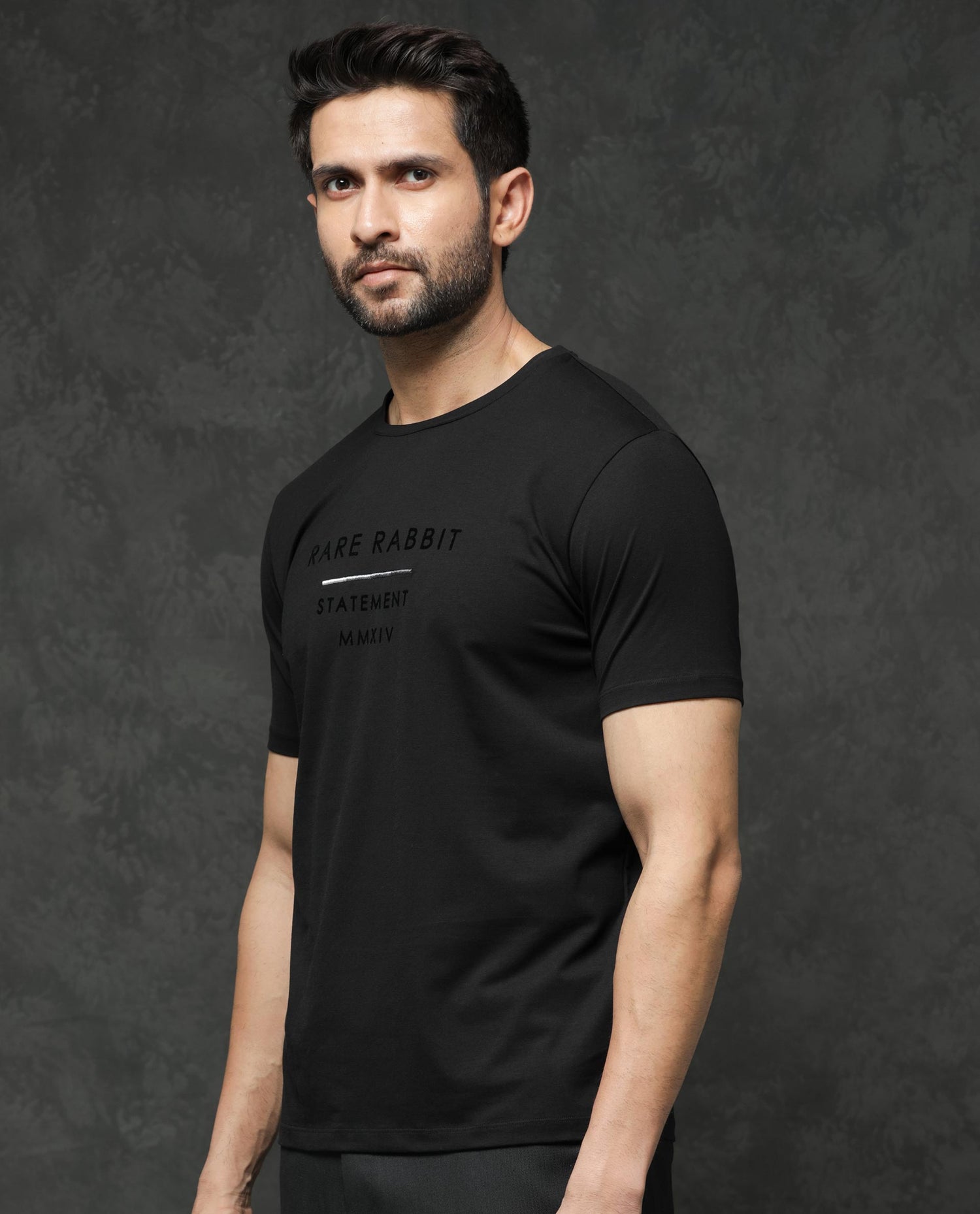 Rare Rabbit Mens Kalo Black Short Sleeve Solid Statement Graphic Print