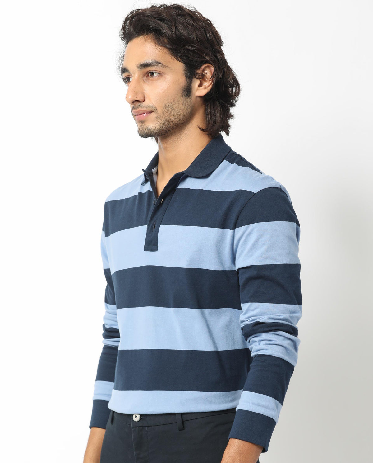 Rare Rabbit Men's Karen Dusky Blue Collared Neck Full Sleeves Striped