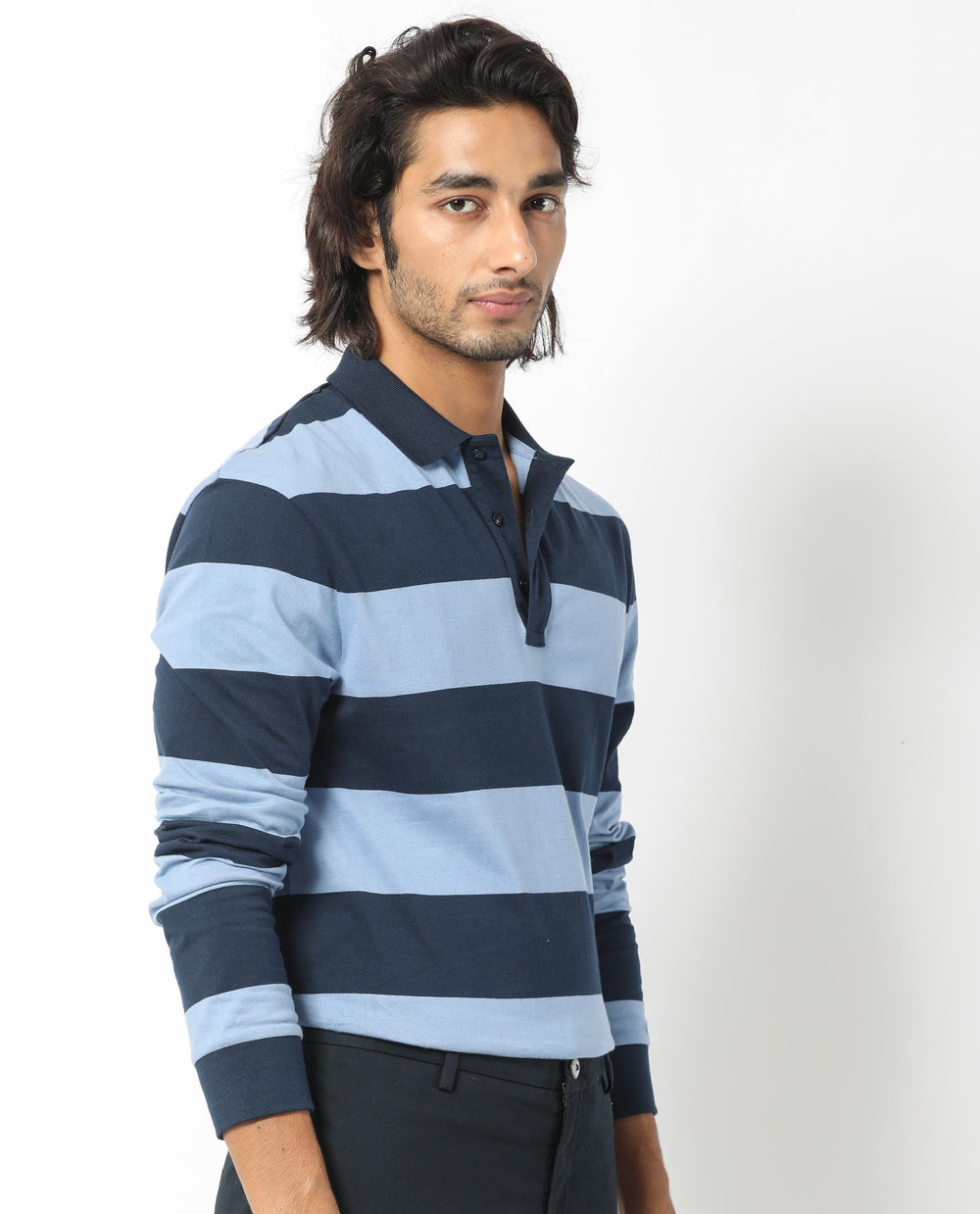 Rare Rabbit Men's Karen Dusky Blue Collared Neck Full Sleeves Striped