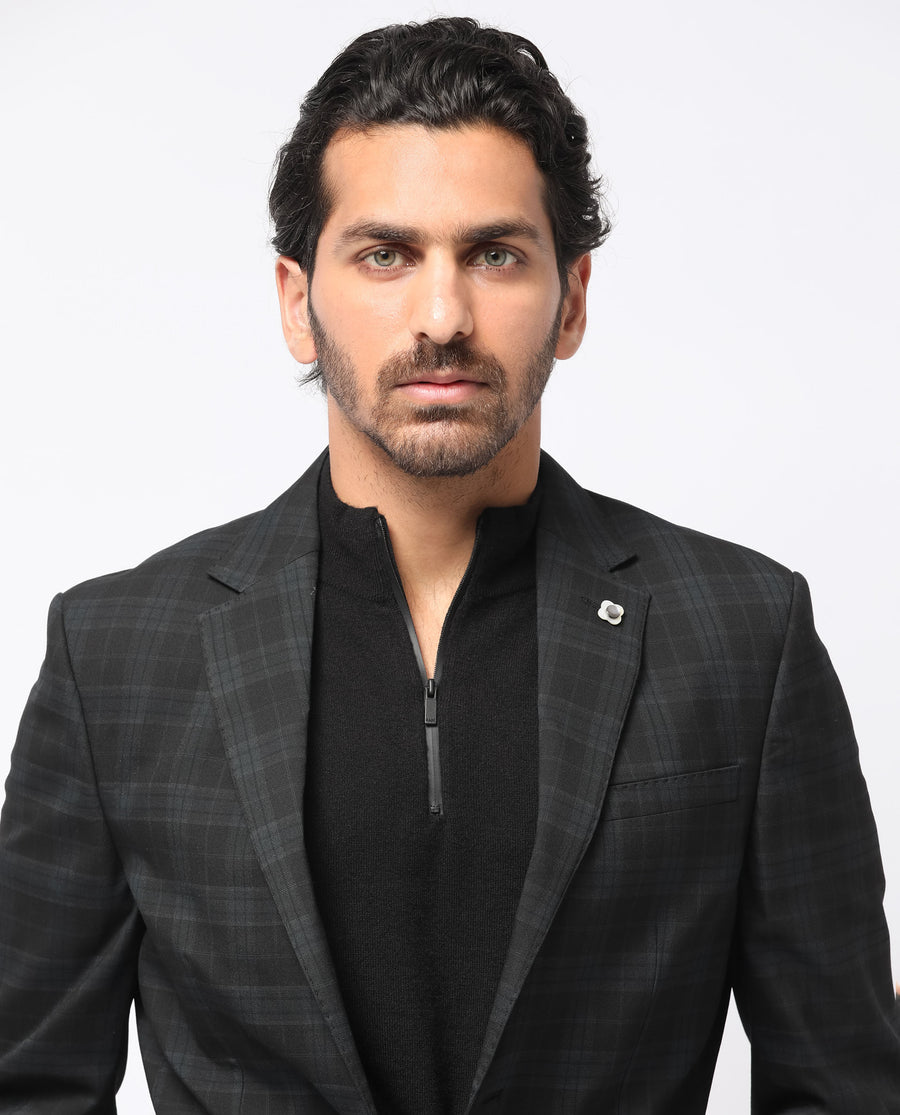 Rare Rabbit Men's Kaspro Black Polyester Viscose Fabric Notch Lapel Bu