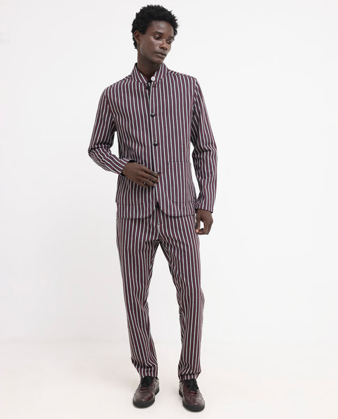 Rare Rabbit Men's Kimon Maroon Linen Blend Striped Print Relaxed Fit F