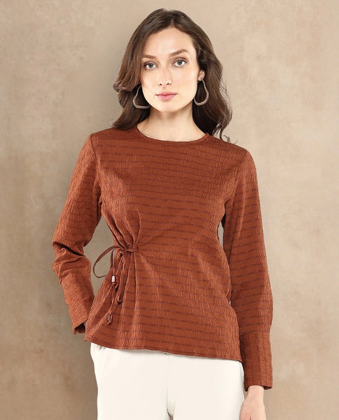 Rareism Women's Kiop Rust Polyester Crew Neck Plain Cuffed Sleeve Regu