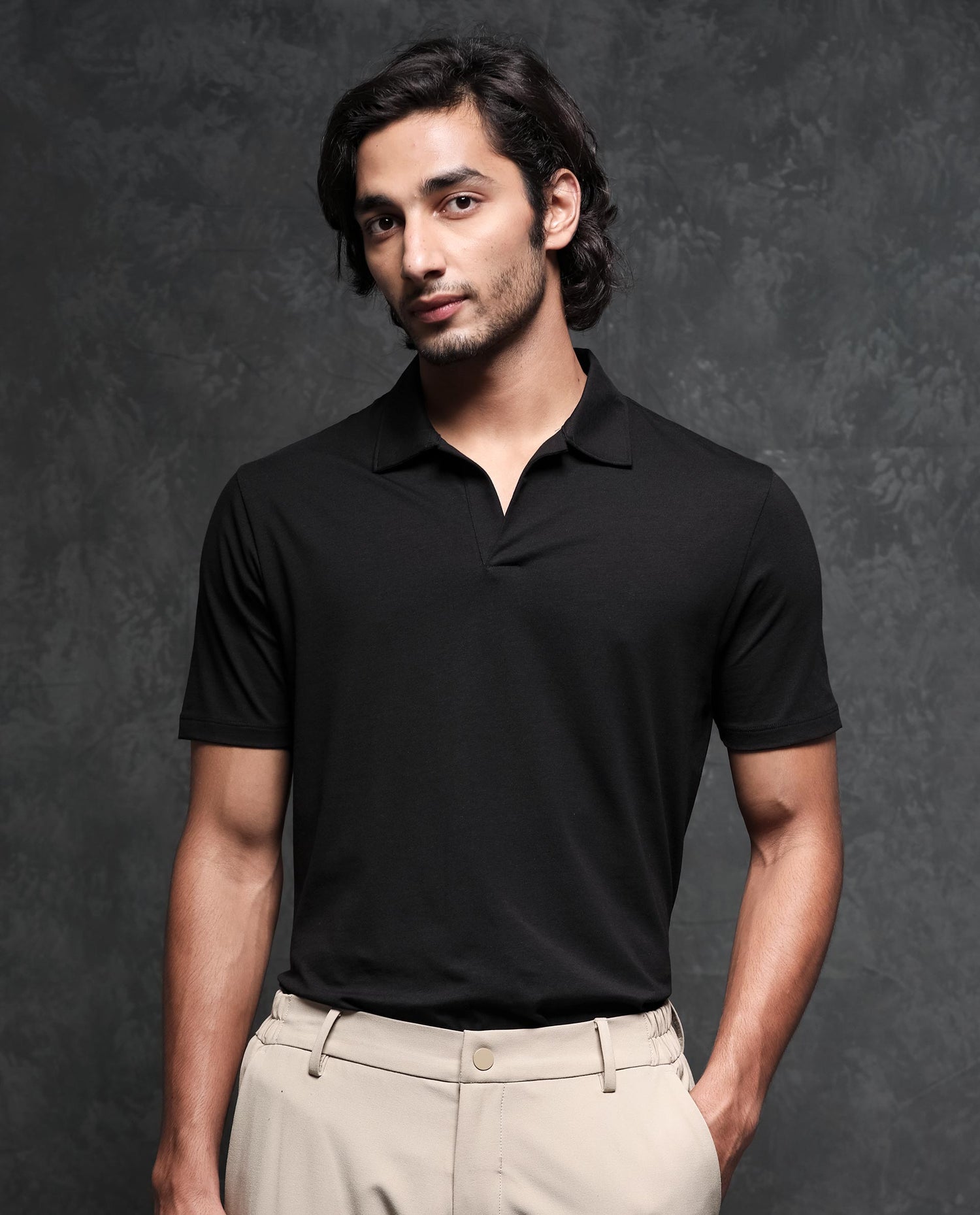 RARE RABBIT MENS KRIB-1 BLACK POLO COTTON LYCRA FABRIC COLLARED NECK H