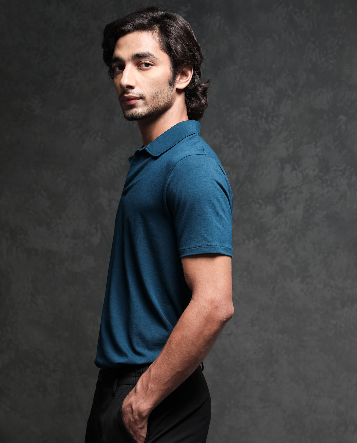 RARE RABBIT MENS KRIB-1 PETROL POLO COTTON LYCRA FABRIC COLLARED NECK