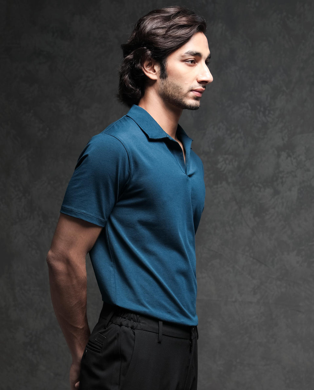 Rare Rabbit Men's Krib-1 Petrol Cotton Lycra Fabric Johnny Collar Half