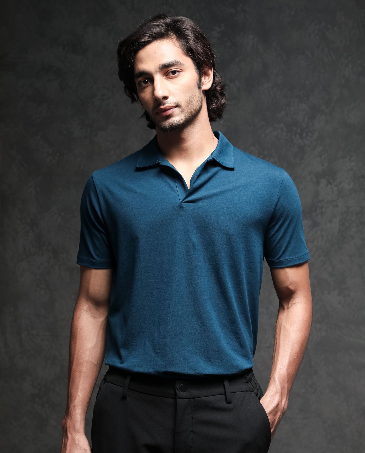 Rare Rabbit Men's Krib-1 Petrol Cotton Lycra Fabric Johnny Collar Half