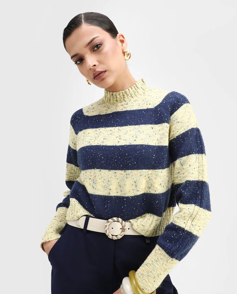 Rareism Women's Kris Light Yellow Acrylic Blend High Neck Striped Rela