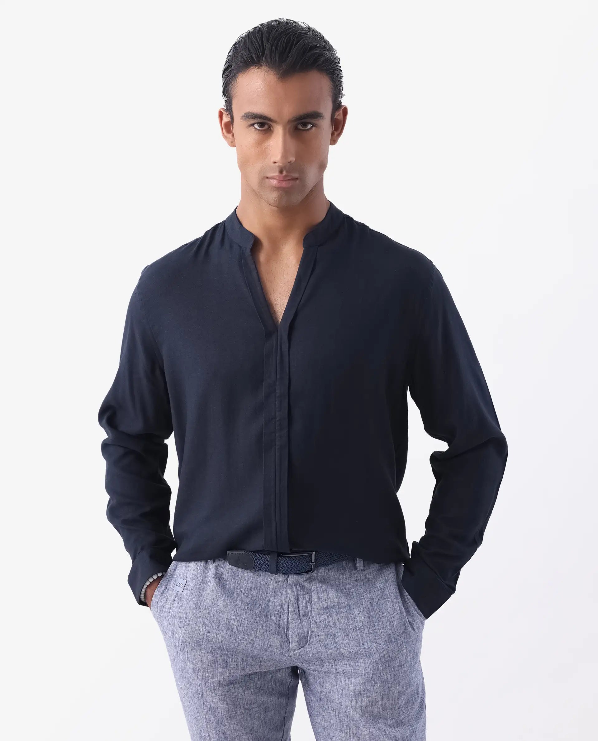 Rare Rabbit Men's Kurt Navy Linen Blend Plain Regular Fit Full Sleeve