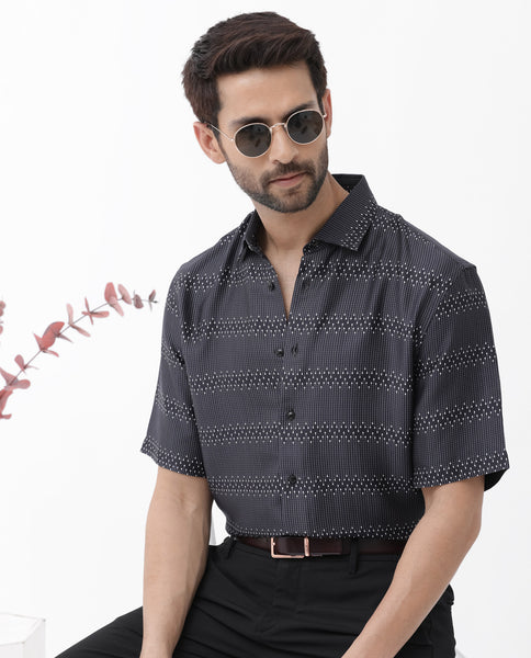 Rare Rabbit Men's Lamo Black Viscose Geometric Print Boxy Fit Half Sle