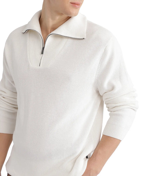 Rare Rabbit Men's Laz Off White Cotton Blend Full Sleeve Broad Collar