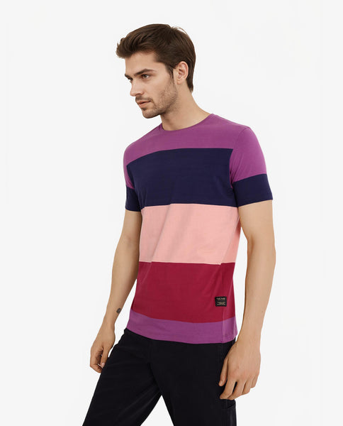 Rare Rabbit Men's Lemars Purple Cotton Fabric Crew Neck Half Sleeves S