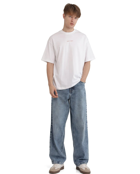 Rare Rabbit Men's Len White Cotton Typography Print Oversized Fit Half